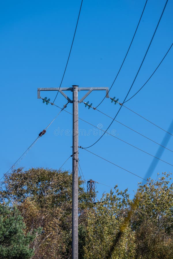 Power Lines Making a Turn at a Power Pole.. Stock Image - Image of ...
