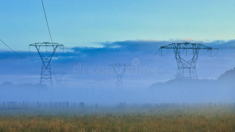 Power Lines Mist Morning stock photo. Image of highvoltage - 368139724
