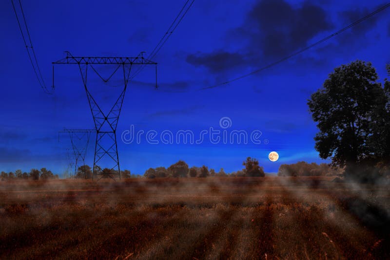 Power lines at night stock image. Image of energy, blue - 48752321