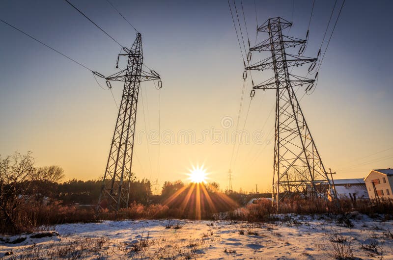Power Lines and Rays of the Sun Stock Image - Image of sunset, cold ...