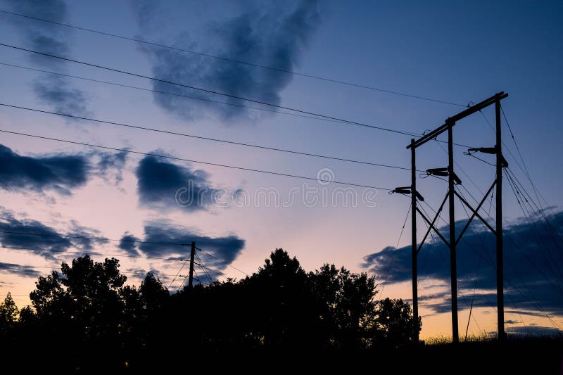 Power Lines in Silhouette at Sunset Stock Image - Image of dusk ...