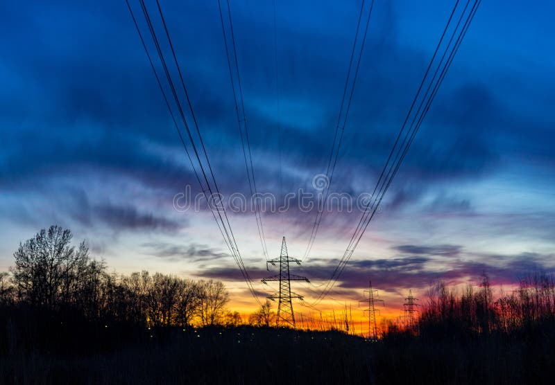 Power Lines Silhouette at Sunset Stock Photo - Image of silhouette ...