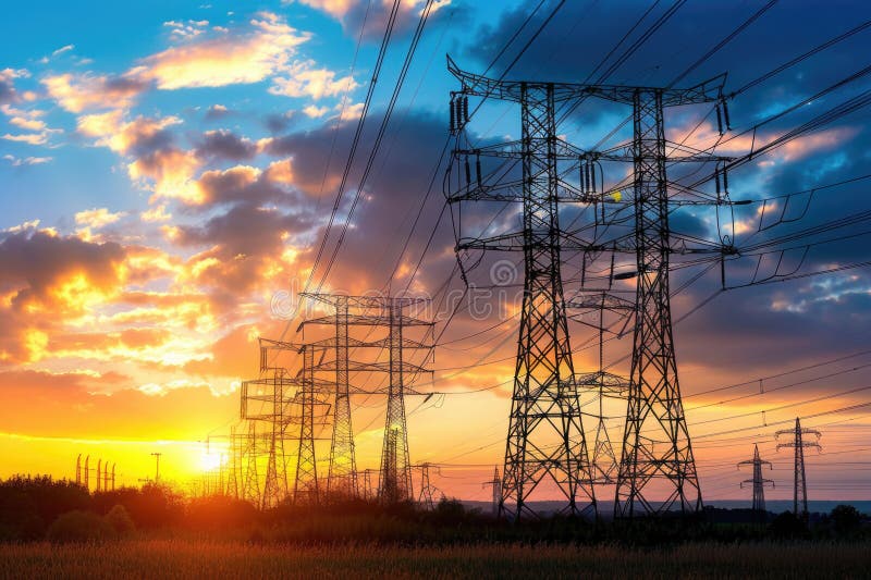 Power Lines Silhouette at Sunset with a Warm Glow Stock Image - Image ...