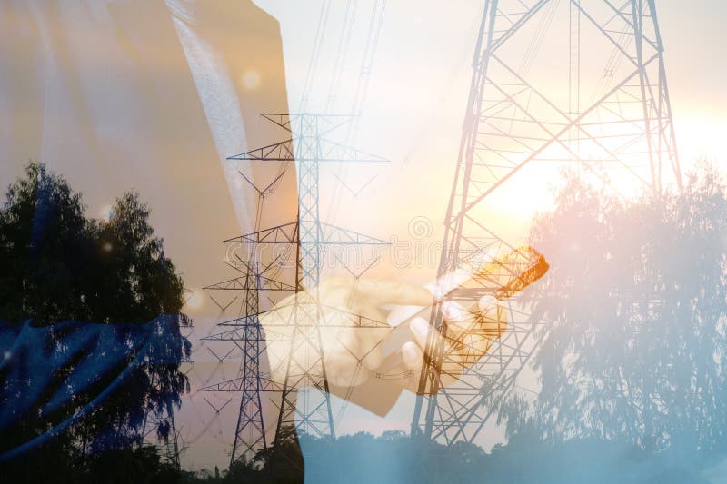 Power Lines with Smartphone at Sunset, Modern Technology Merging with ...