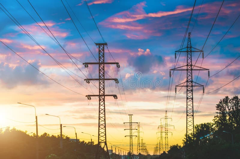 Tall Power Lines During Sunset In The Evening Stock Image - Image of ...
