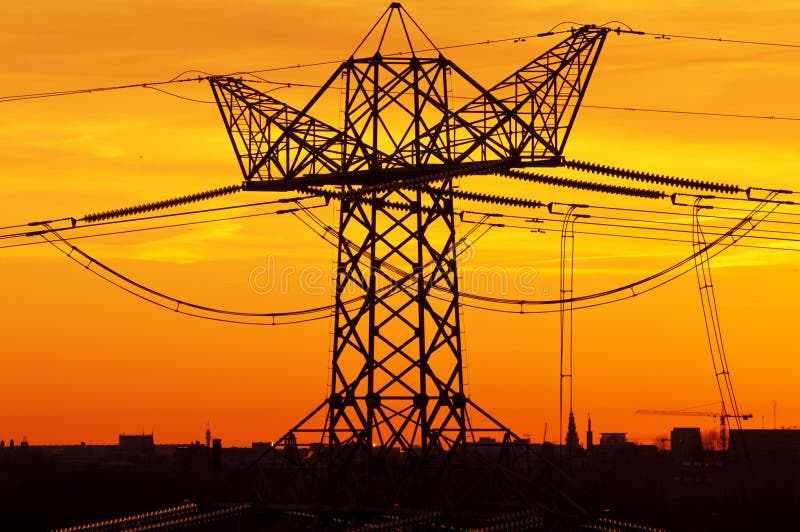 Power lines at sunset stock photo. Image of orange, modern - 53655516