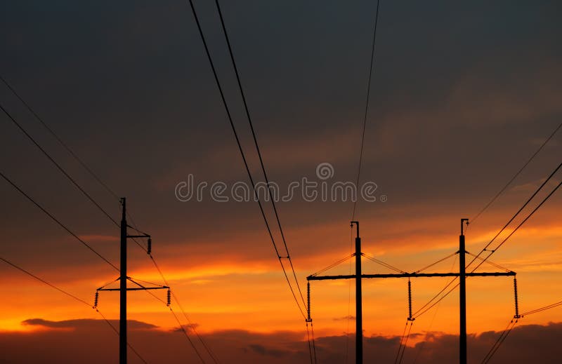 Power lines at sunset stock image. Image of cloud, evening - 62936769