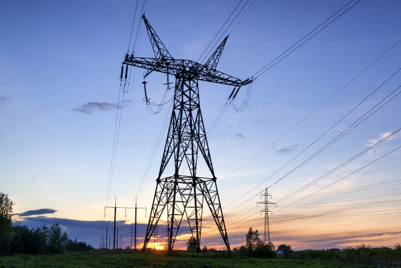 Power lines at sunset stock photo. Image of line, high - 214598236