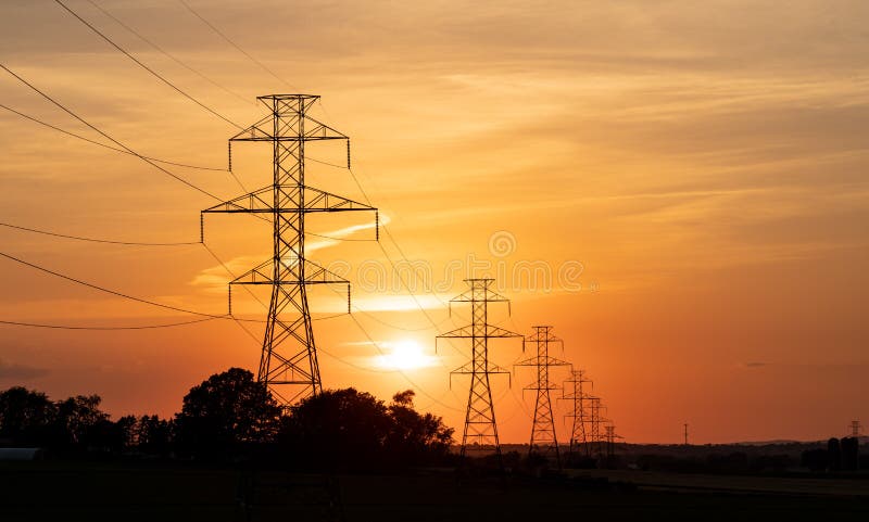 Power Lines in the Sunset stock photo. Image of evening - 221410146