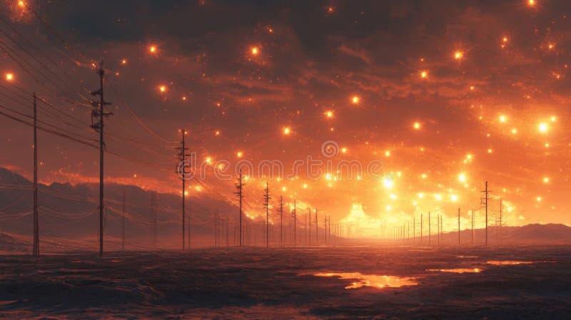 Power Lines Under a Sky of Burning Stars Stock Illustration ...