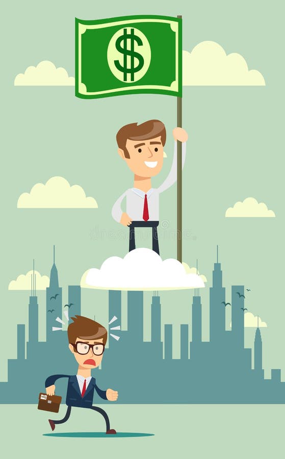 Power of Money. Proud Man Raising a Dollar Flag on the Cloud Stock ...