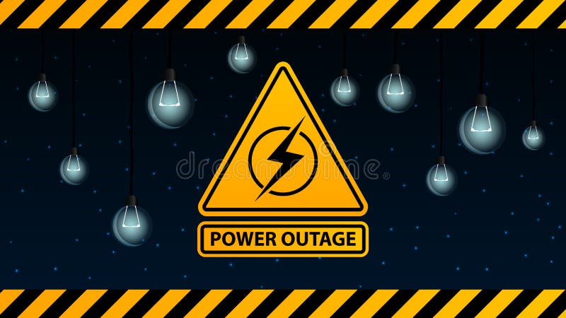 Power Outages, Blue Poster with Neon Warning Logo and City without ...