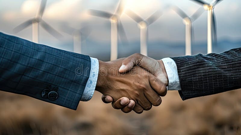 Power Pact: Two Men Shaking Hands in Front of Wind Turbines Stock Image ...