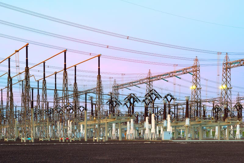 Power plant at night stock image. Image of dawn, conductor - 243473765