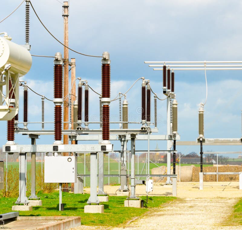 Power Distribution Station with Lightning Strike. Stock Photo - Image ...