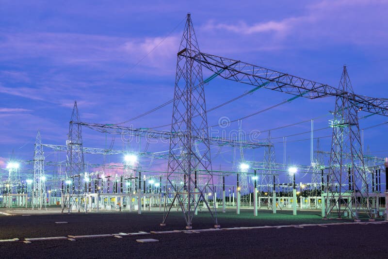 Power plant at night stock image. Image of dawn, conductor - 243473765