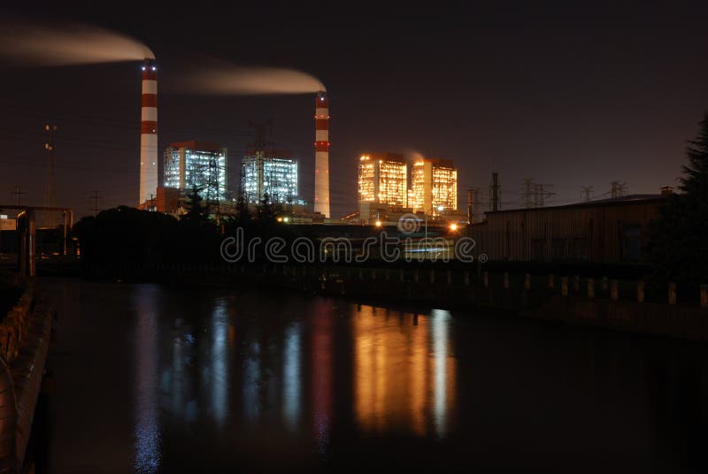 Power Plant Night Scene stock photo. Image of reflections - 11166038
