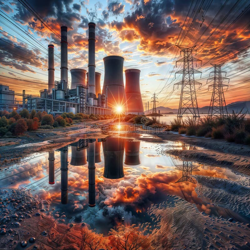 Power Plant Sunset: Dramatic Reflection & Smoke, Generative Ai Stock ...
