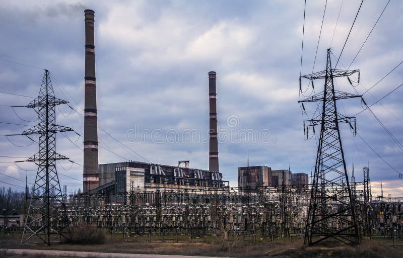 Power Plants with Huge Pipes and Power Lines Stock Image - Image of ...