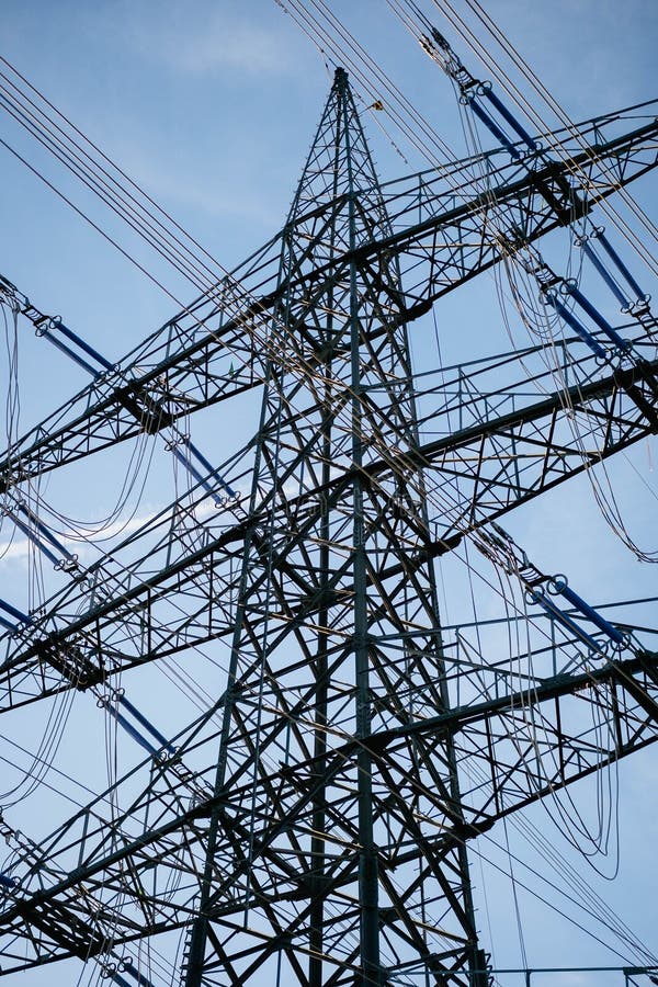 A Power Pole from Close with Many Cables Under Blue Sky Stock Photo ...