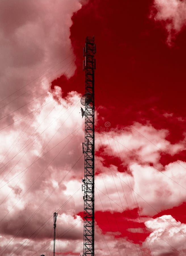Power Poles with Lines Under the Red Sky. Abstract Color for Mood and ...
