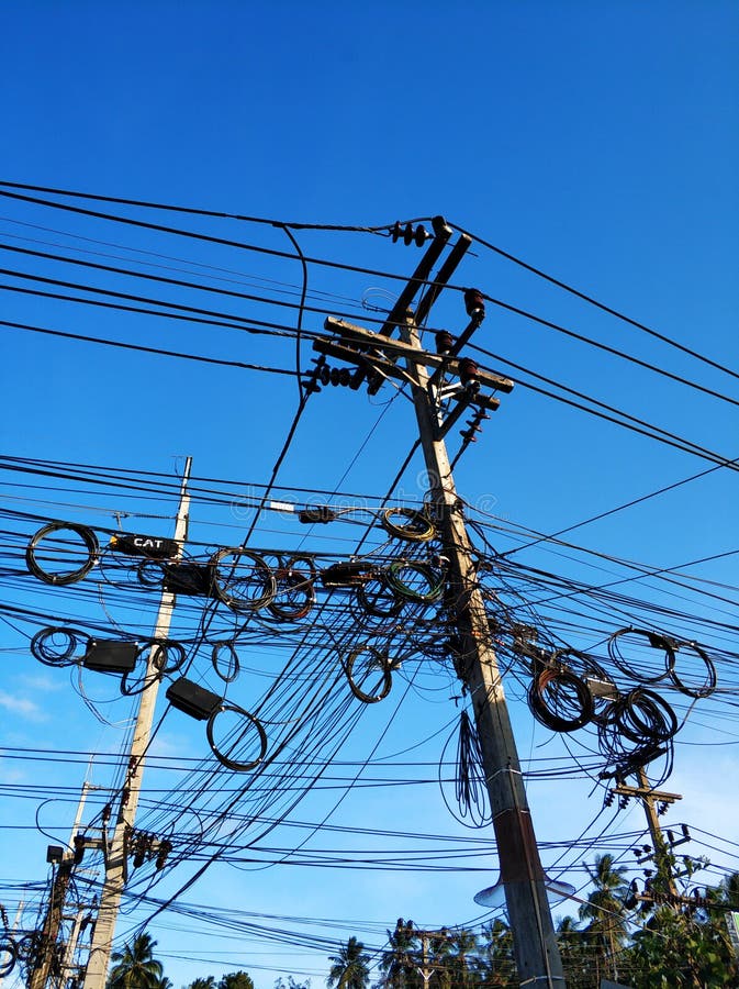 Power Poles in Thailand. Tangled Wires Close Up Stock Photo - Image of ...