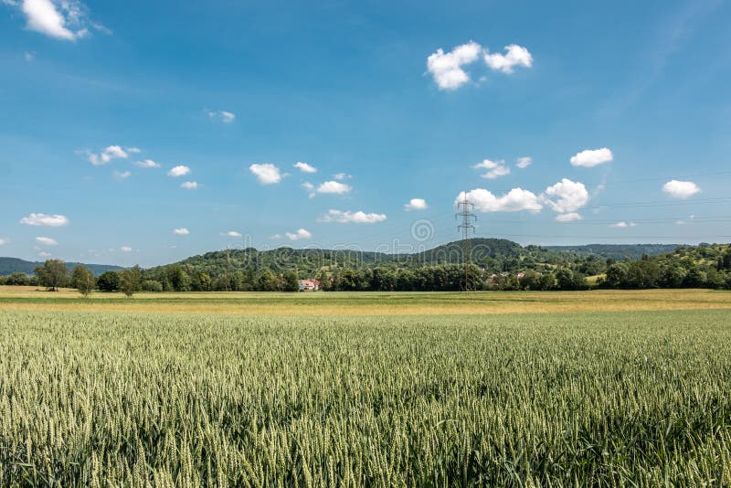 Power Pylon in the German Countryside with Forests, Fields and M Stock ...