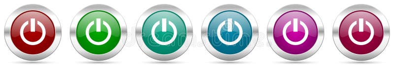 Power Silver Metallic Vector Icon Set, Round Glossy Buttons with Chrome ...