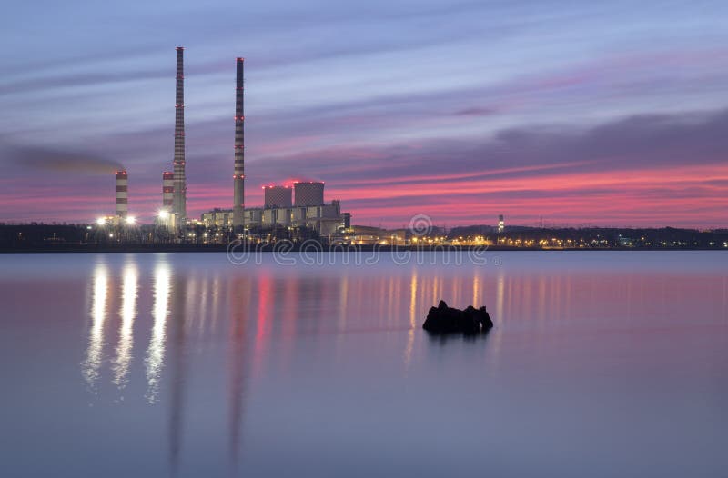 Power station at dawn stock image. Image of smog, lake - 173523117