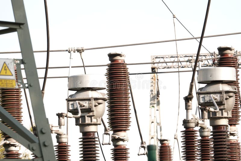 Power Station, Electrical Switchboard with Visible High-voltage Lines ...