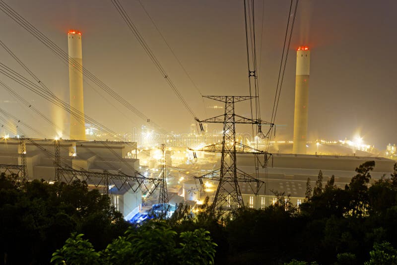 Power station at night stock image. Image of mast, fire - 55645331