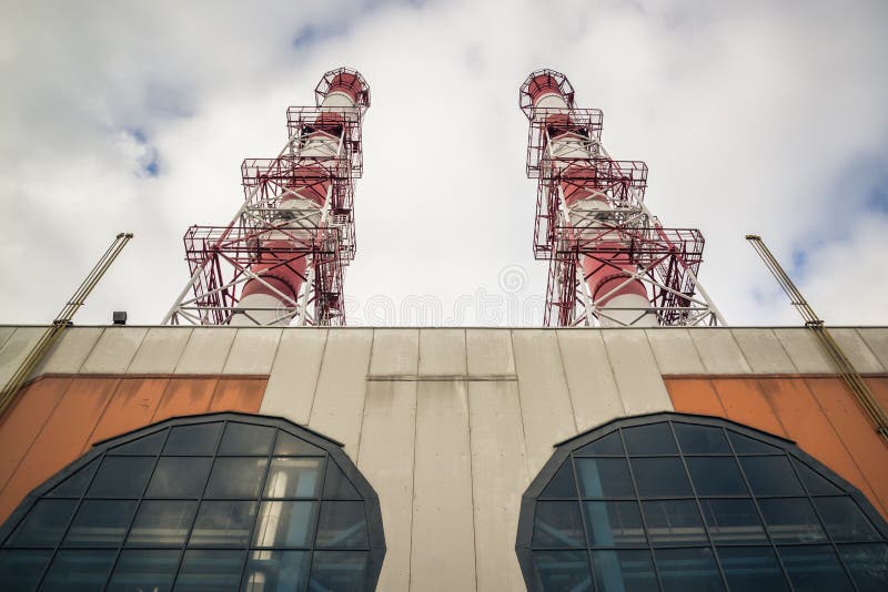 Power Station with Pipes on the Gray Sky Clouds Background Stock Photo ...