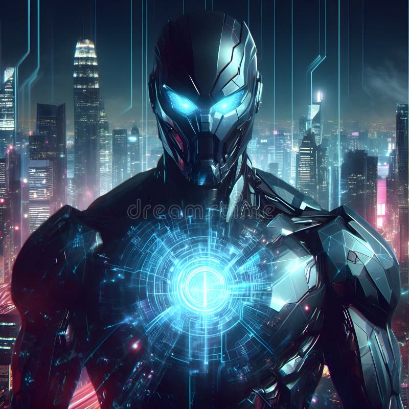 Power Suit Holographic Screen in Neon Cityscape. Stock Illustration ...
