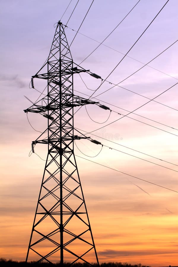 Power Supply Line Metal Tower on Beautiful Sunset Stock Image - Image ...