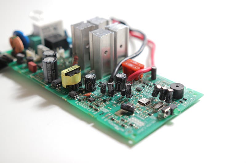 Power Supply Modern Printed-circuit Board with Electronic Components with Transistor. PCB Detail ...