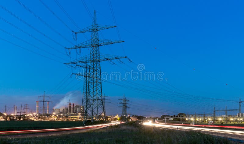 Power Supply at Night with Industrial Plant Stock Image - Image of ...