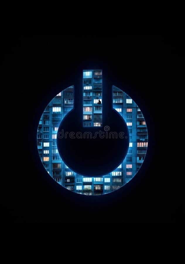 Power Symbol with Illuminated Urban Cityscape in Nighttime Windows ...