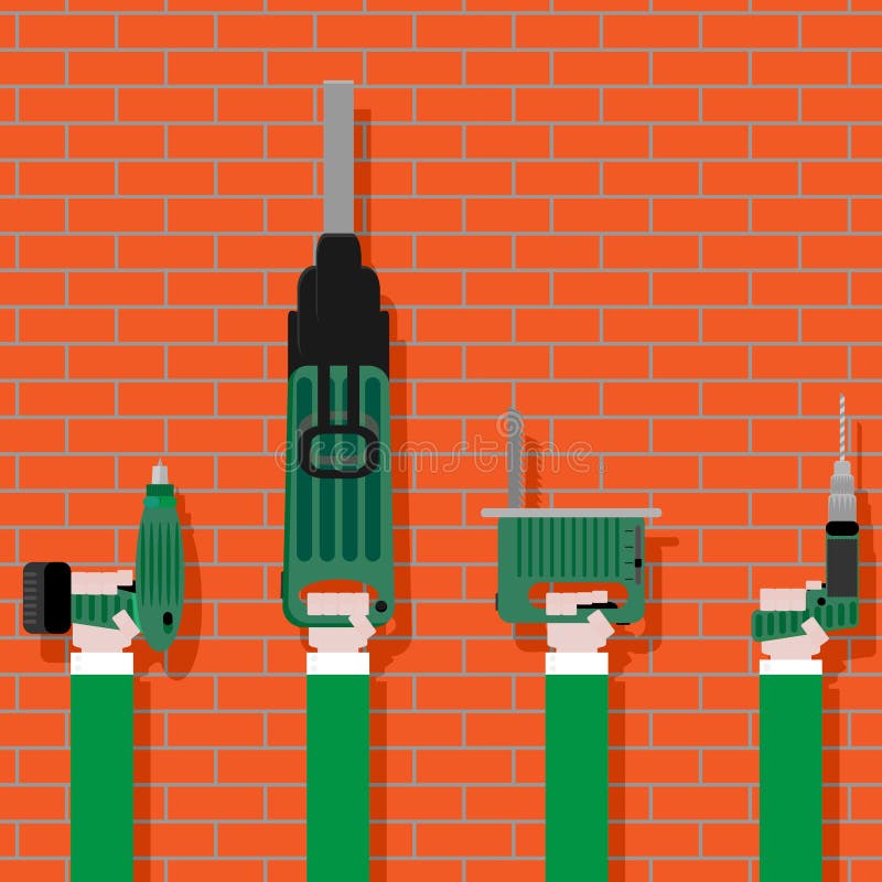 Power Tools in Hands on Brick Wall Stock Vector - Illustration of ...