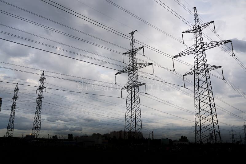 Power Transmission Line in the City with Cloudy Sky Stock Image - Image ...