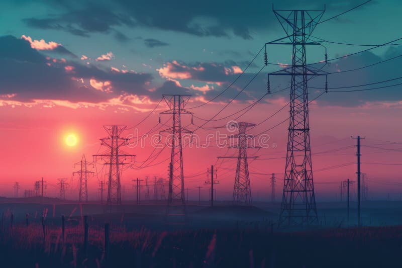 Power Transmission Lines Against a Colorful Sunset Sky Stock Image ...
