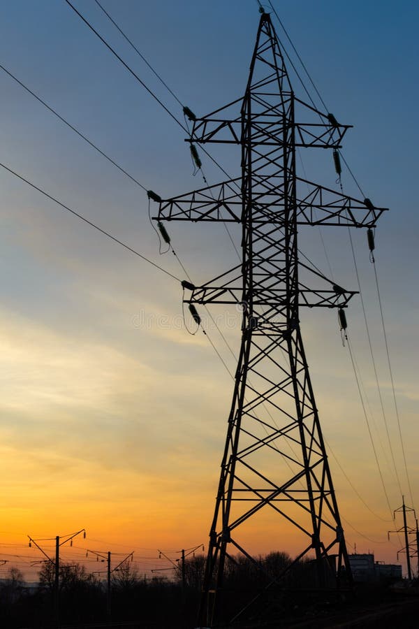Power Transmission Lines in the Background of a Sunset Stock Image ...