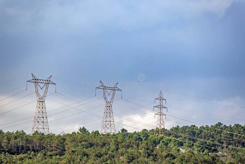 Power Transmission Lines and Forest Stock Image - Image of blue ...