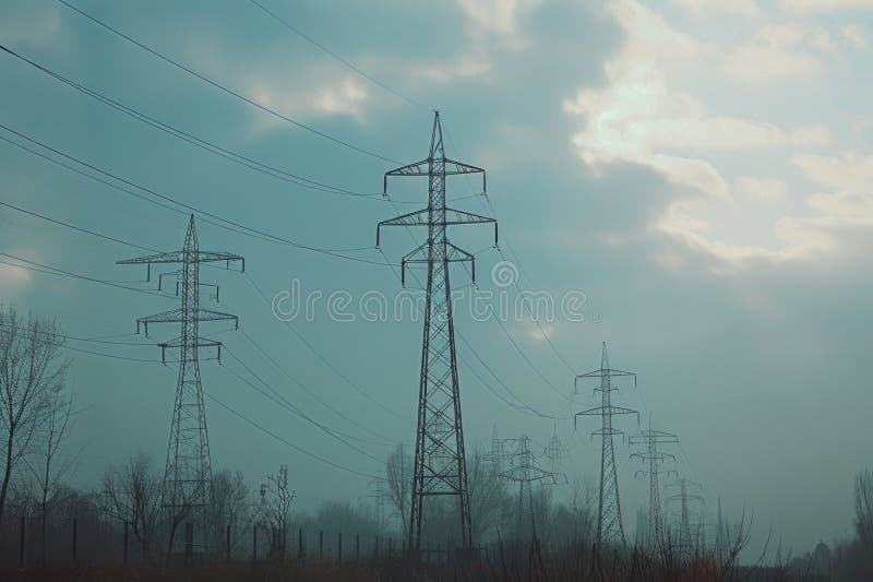 Power Transmission Lines in an Open Field with Rolling Hills and Blue ...