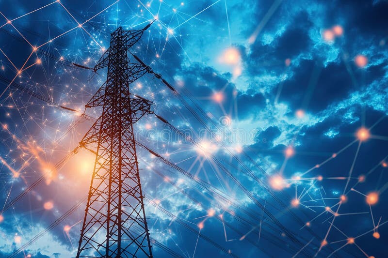 Power Transmission Tower Against a Dramatic Evening Sky with Glowing ...