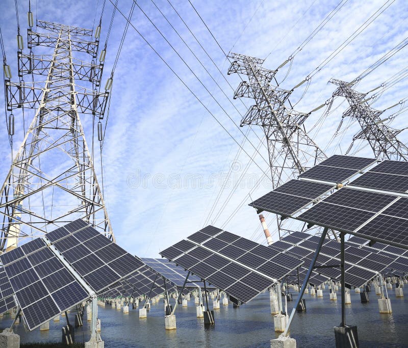 Power Transmission Tower and Solar Panel in the Green Stock Photo ...