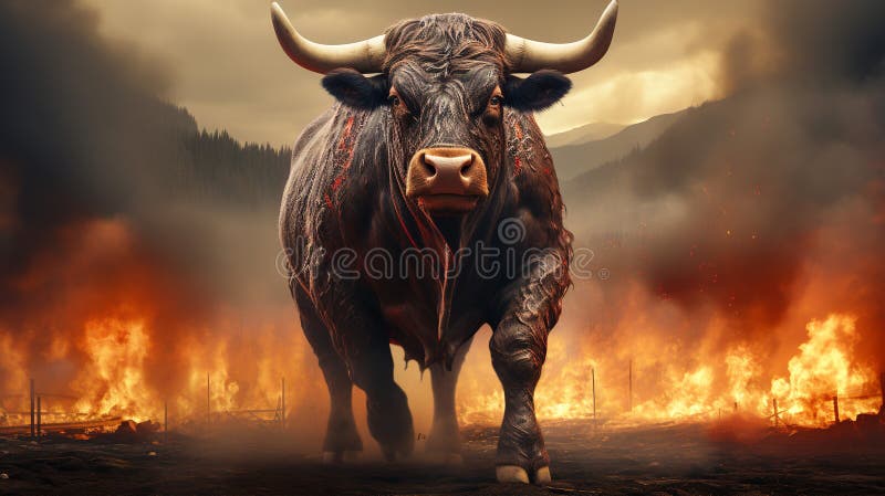 Power Unleashed, the Intense Fury of an Angry Bull Amidst Fire and ...