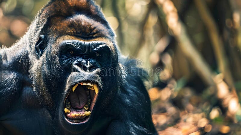 Powerful and Aggressive Primate Likely a Gorilla Roaring Loudly with ...
