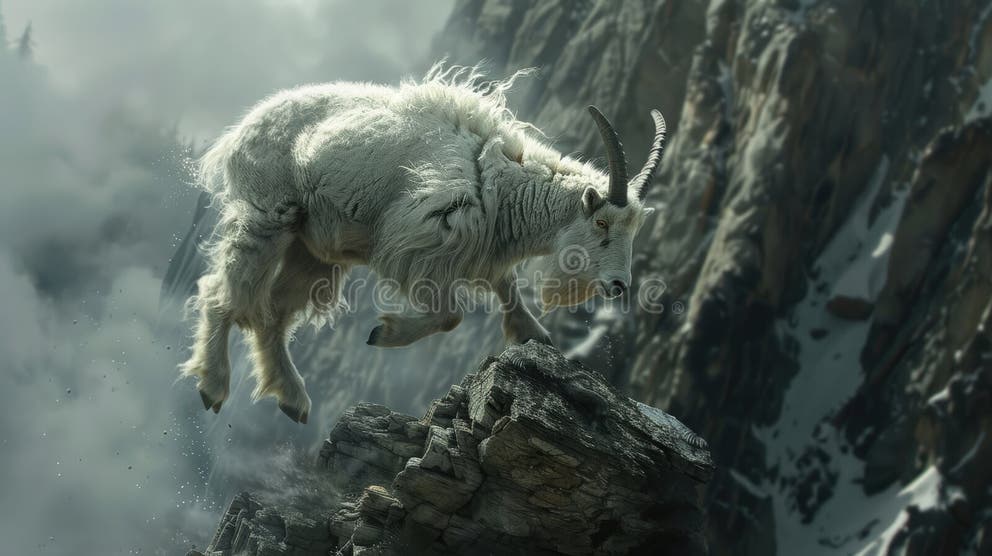 A Powerful and Agile Mountain Goat Leaps between Rugged Cliffs in a ...