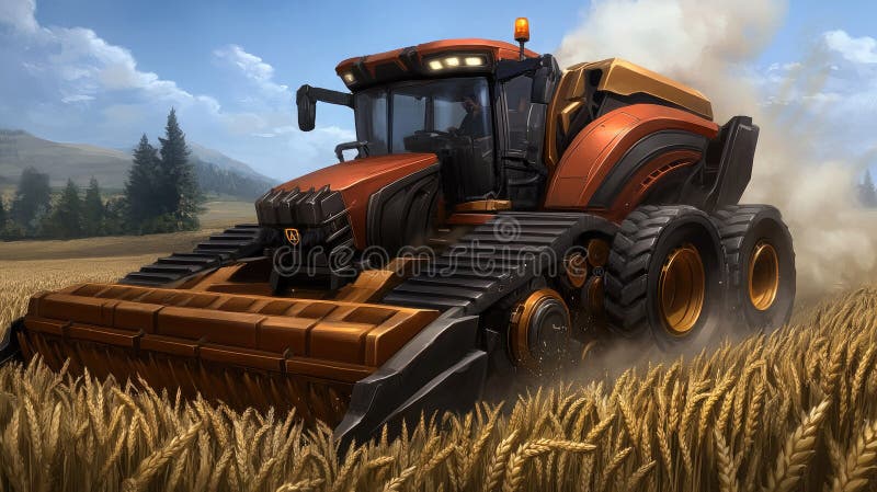 Powerful Agricultural Machine Harvesting Wheat Fields in Rolling Hills ...