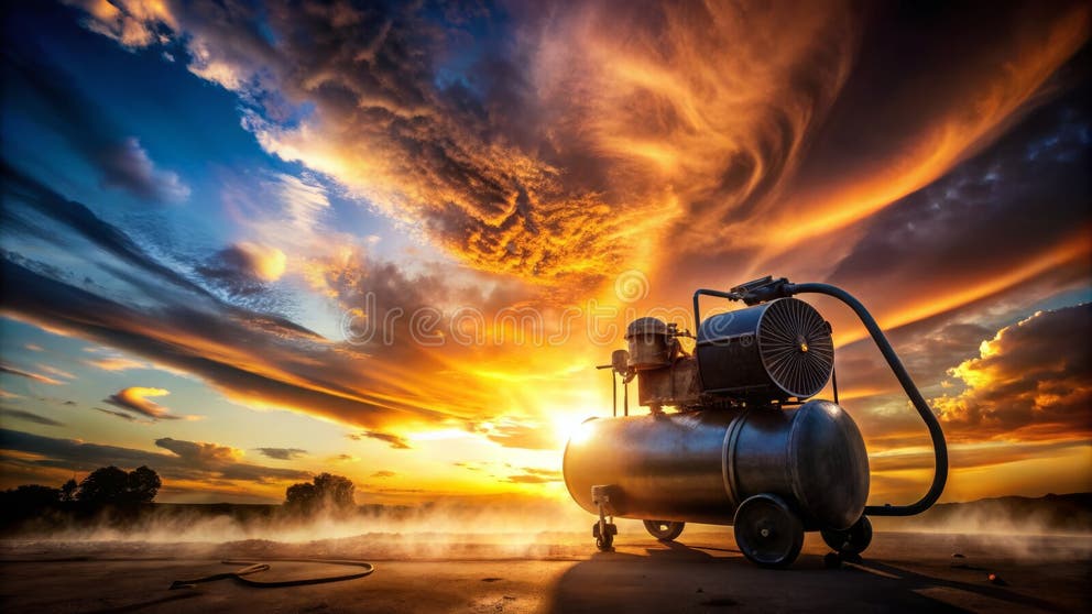 Powerful Air Compressor Silhouette Against a Dramatic Sunset a Dynamic ...